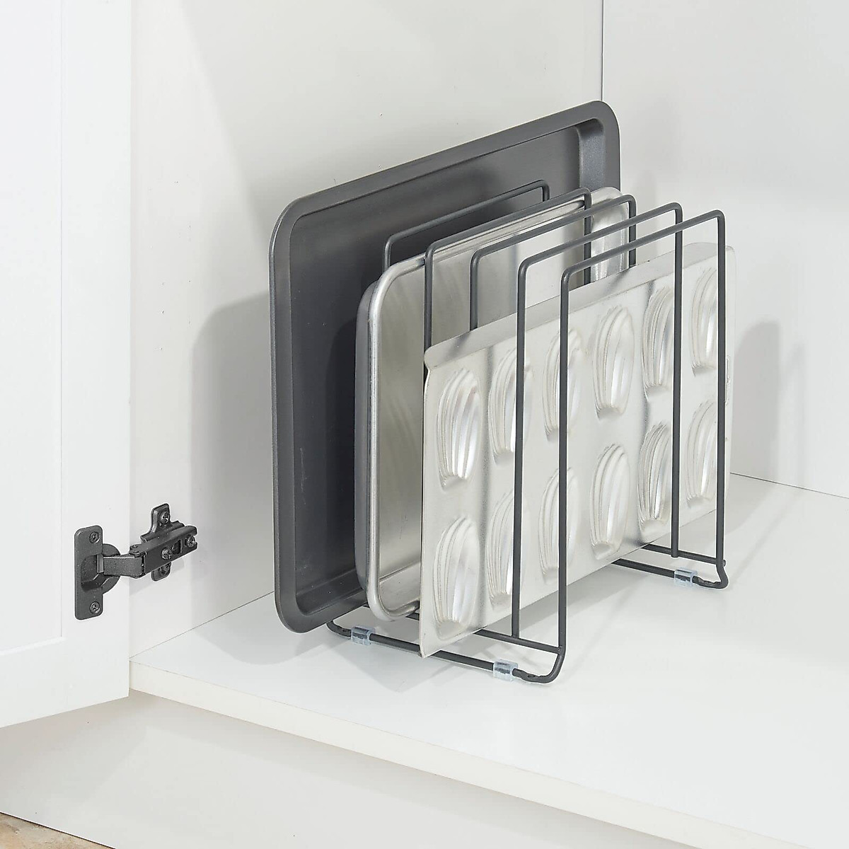 mDesign Pot Lid and Pan Rack — Metal Wire Rack for Cabinets, Pantries or Kitchen Surfaces — Freestanding Pan Stand with 5 Slots for Pans, Pots, Lids and Crockery — Dark Grey