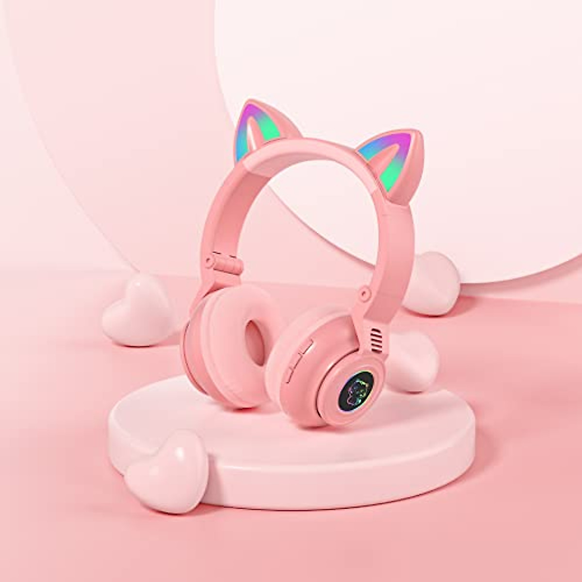 Headset Cat Ears Bluetooth Earphone Wireless Gaming Noise Cancelling 8 Hours with Mic USB Virtual Reality Detachable Cute Luminous Mouse Ear Rainbow RGB Flashing Light On-Ear Headphone (Pink) (ER-1)