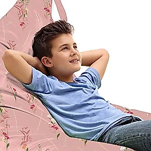 Lunarable Floral Lounger Chair Bag, Romantic and Pastel Colored Meadow Themed Pattern of Leaves Flowers Print, High Capacity Storage with Handle Container, Lounger Size, Blush Green and Cream