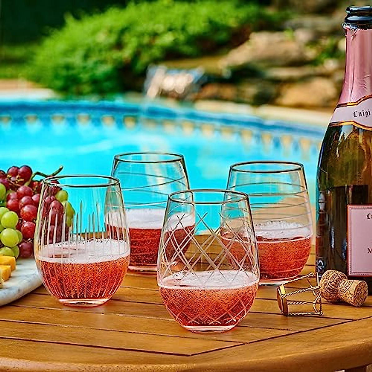 Set of 4 Etched Stemless Wine Glasses - Wine Tumbler Drinking Glass Cups - Kitchen Water Glasses Gift Cup Sets - Lowball Cocktail Glasses for Wedding Anniversary Drink