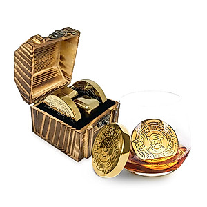 New Pirate Themed Gold Whiskey Coin and Cube Set, Stainless Steel Whiskey Chilling Stones | 4pc Set with Wooden Chest | Whiskey Gift for Men, Dad, Husband, Boyfriend