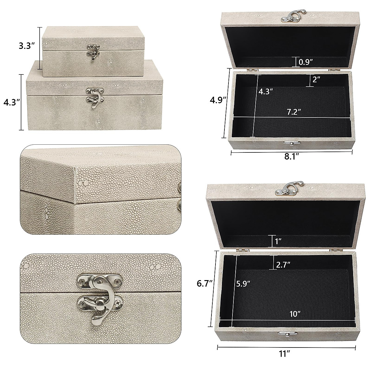DECOR4SEASON Faux Shagreen Leather Decorative Storage Boxes Set of 2, Ivory