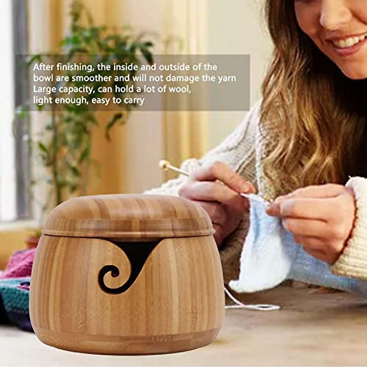 Yarn Bowl, Bamboo Crocheting Bowl Round Knitting Wool Storage Yarn Storage Handmade With Holes, With Removable Lid, Yarn Storage Bowl for DIY Knitting Crocheting Accessories, Large Capacity