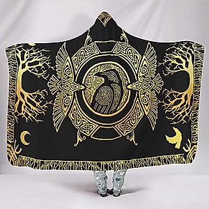 Medieval 3D Printing Hooded Blanket Warm Soft Raven Celtic Knot Tree of Life Totem Unisex Winter Wearable Hooded Blanket Double Thick Plush Wool Blanket (Color : B, Size : 80x60in/150x200cm)