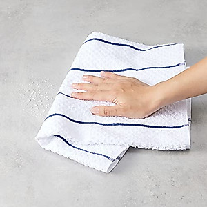 Amazon Basics 100% Cotton, Soft & Absorbent, Popcorn Texture Terry Kitchen Dish Towels, 28"L x 16"W, Navy Stripe, Pack of 4