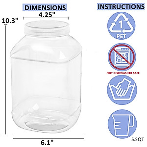ZOOFOX 2 Pack Clear Plastic Jars, 1.5 Gallon Square Plastic Containers with Screw-On Lids, Refillable BPA Free Empty Plastic Jars for Kitchen & Household Storage of Dry Goods, Peanut, Candy and More, Airtight Food Storage