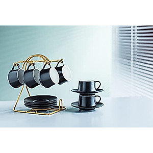 Gomakren Espresso Cups with Saucers Set of 6 with Stand, 4 oz Cappuccino Espresso Latte Coffee Small Cup Black Demitasse Tea Cups for Party Daily Use