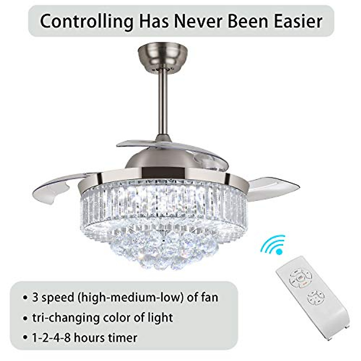 42inches Brushed Nickel crystal Ceiling Fan Indoor with Light and Remote,Ceiling Fans Retractable Blades Bedroom Ceiling Fan with Lights and Remote Control LED Ceiling Fan Light Kit
