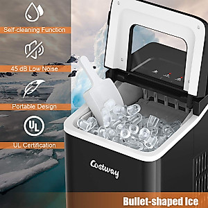 COSTWAY Ice Maker for Countertop, Bullet Ice Cubes Ready in 8 Mins, 26Lbs/24H Ice Machine with Self-Cleaning Function, Scoop and Removable Basket, Black