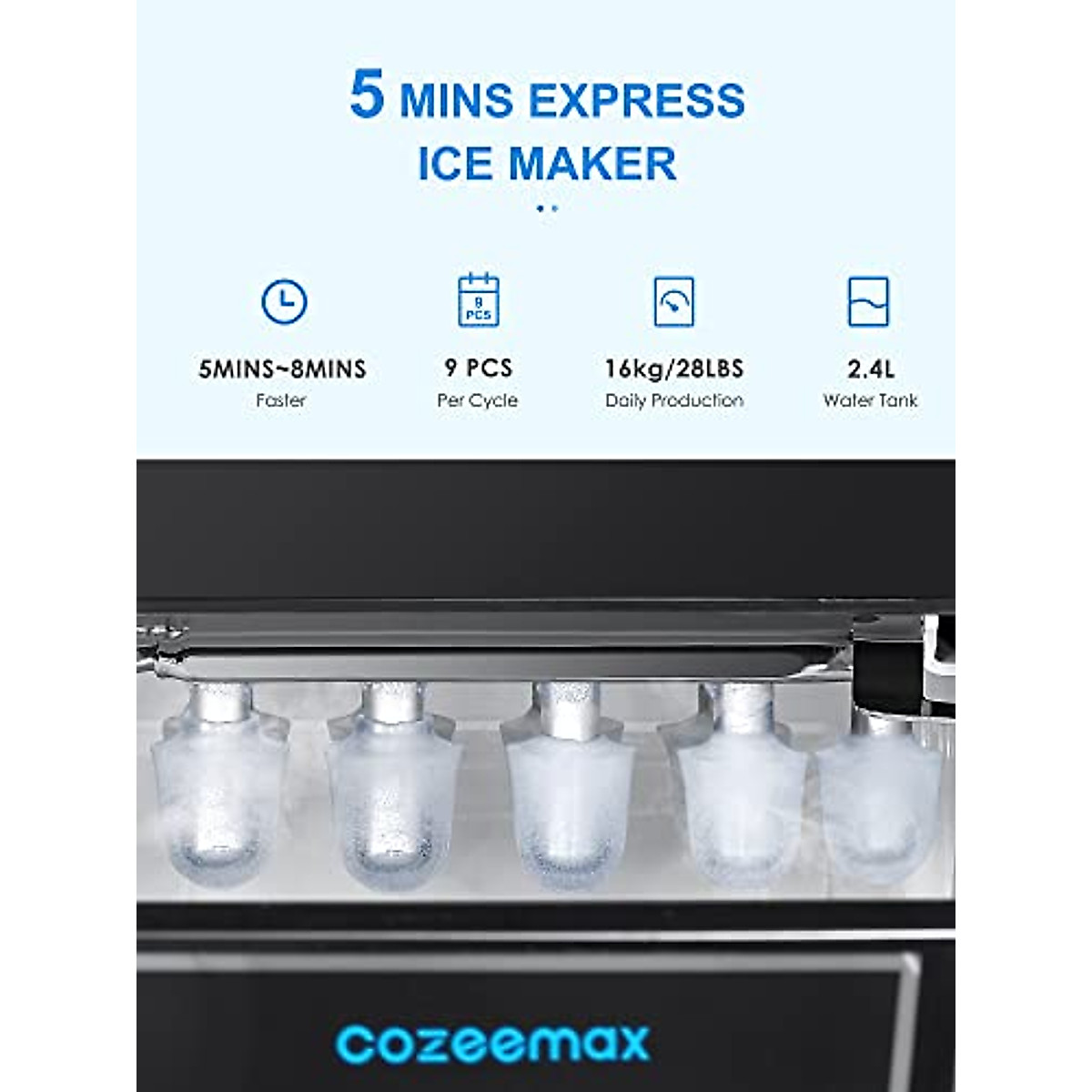 Ice Maker Machine Countertop, Portable Compact , 28lb 3 Cube Sizes in 24 Hours, 9 Ice Cubes in 5 Minutes, Programmable Timer Setting, with Ice Scoop and Basket for Home