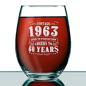 JohnPartners993 60Th Birthday Aged To Perfection - Vintage 1963 Engraved Wine Glass - 1963 60Th Birthday Gifts For Men - Vintage Wine Glasses - Present Ideas For Her Him