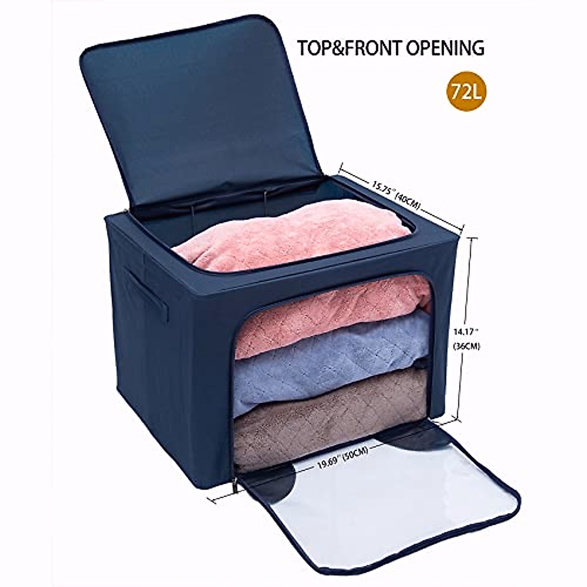 Tasmegol 2 Pack 72L Stackable Steel Metal Frame Clothes Storage Bins Foldable Zipper Cloth Box Oxford Fabric Clothing Bags Large Clear Window Closet Containers Organizer for Bedding Sweater