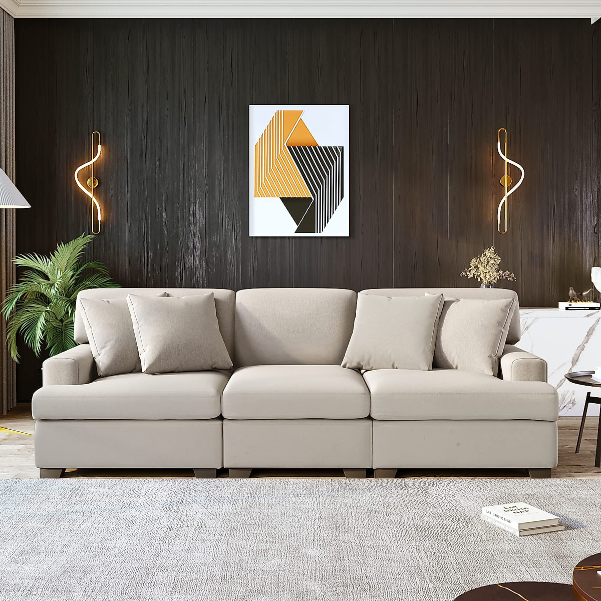 kevinplus 88.5'' Modern Sectional Sofa Couch for Living Room, Contemporary Comfortable 3-Seat Sofa with 4 Pillows for Apartment Office and Small Space, Linen Fabric, Cream White