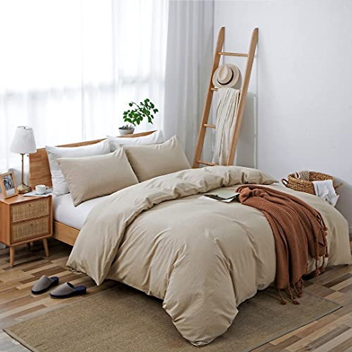 LOVQUE 100% Washed Cotton Duvet Cover Queen Size, Beige Fade-Resistant Linen Like Natural Bedding Set (No Comforter), 90x90 Inches