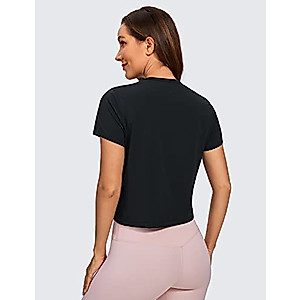 CRZ YOGA Women's Pima Cotton Short Sleeve Crop Tops High Neck Cropped Workout Tops Yoga Athletic Shirts Casual T-Shirt Black Medium