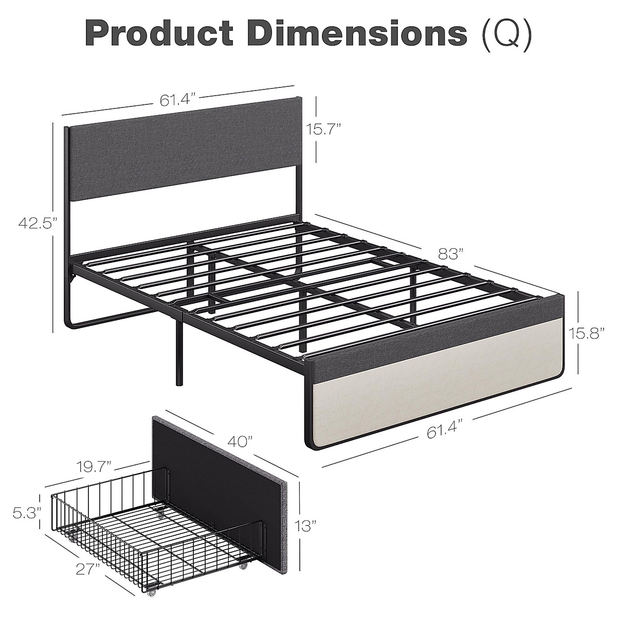 coucheta Queen Size Bed Frame with 2 Storage Drawers and Upholstered Headboard, Mattress Foundation with Steel Slats Support, No Box Spring Needed, No Noise, Gray