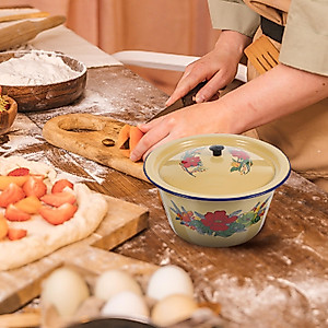 Retro Flower Enamel Stew Stockpot: Non- Stick Ceramic Coated Low Stockpot Stew Pot with Lid 16cm Quart Stockpots Soup Casserole Pasta Milk Sauce Pot for Kitchen Cooking 18CM