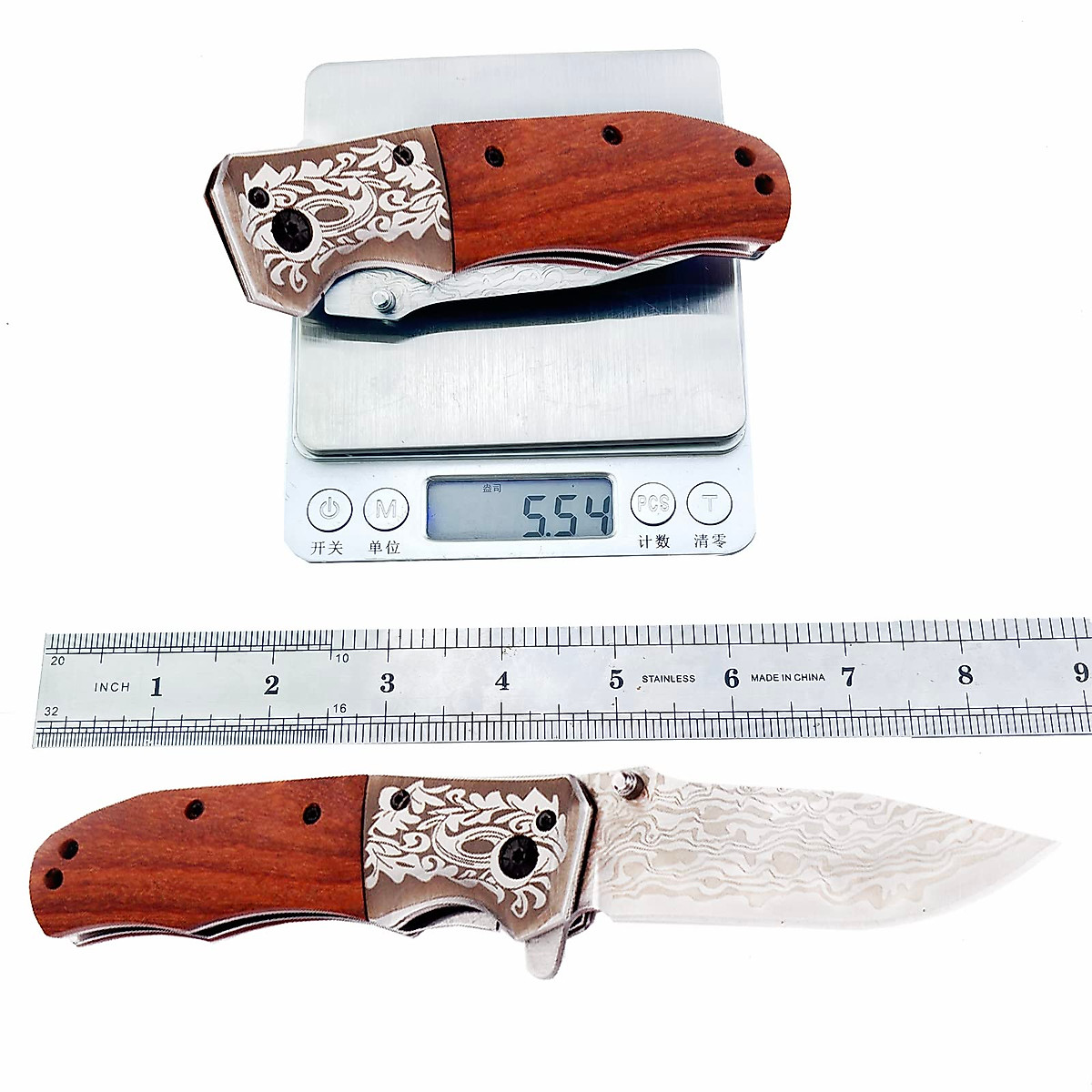 Labstandard Pocket Folding Knife with 3.5”Stainless Steel blade and wood handle -Folding hunting camping Knife with liner-lock and pocket clip