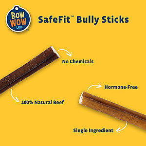 Bow Wow Labs 6" Bully Sticks for Dogs | 100% All Natural, Grass-Fed, Free-Range Beef | Low Odor | Long Lasting Chews | SafeFit | 10 Pack (Thin)