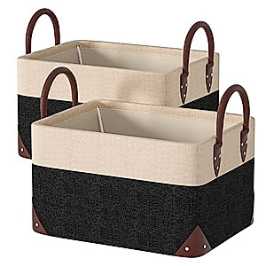 2 Pack Storage Baskets for Organizing- Foldable Storage Bins for Shelves Decorative Storage Bins Basket Linen Fabric Storage Basket with Steel Frame and PU Leather Handles