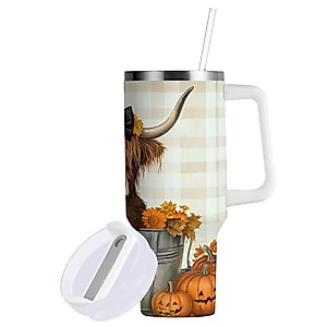 RPLIFE Highland Cow Sitting in Old Silver Stainless Steel Coffee Mug, Insulated Cup with Straw, Tumbler for Men