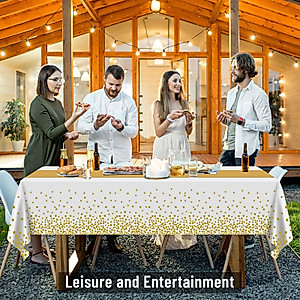 PLULON 12Pack Plastic Tablecloth and Satin Table Runner Set White and Gold Dot Rectangle Table Cover Gold Satin Table Runner for Wedding Birthday Baby Shower Picnic Kitchen Dinning Table Decorations