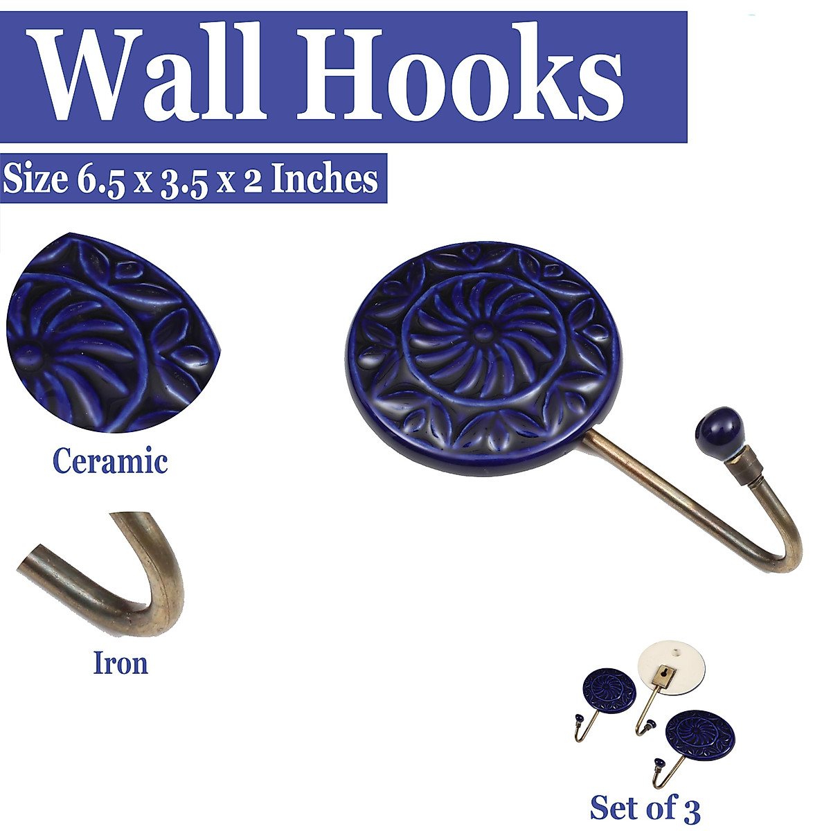 Alpha Living Home Set of 3 Ceramic Wall Coat Hooks, Round Decorative Robe Hook, Scarf, Bag, Towel, Hat etc for Kitchen Bathroom Office Farmhouse Wall Mounted Hanging - Antiue Royal Blue