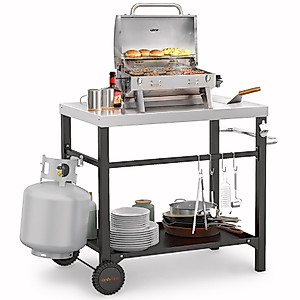 onlyfire Stainless Steel Movable Dining Cart Table, Pizza Oven Table, Multifunctional Utility Cart with Wheels for Outdoors, Kitchen or Backyard Patio