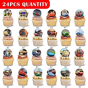 24pcs Cars Cake Toppers Cupcake Ring Decor for Kids Cars Theme Birthday Party Supplies Baking Decorations Party Favors