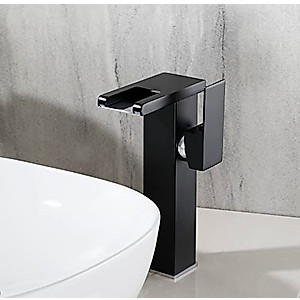 Black Bathroom Vessel Faucet Led Light 3 Color Changing Waterfall Single Handle One Hole Bowl Sink Faucet Vanity Lavatory Deck Mount Mixer Tap Tall with Pop Up Drain Without Overflow and Supply Lines