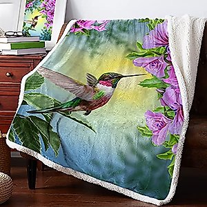 Comfort Her Zon Sherpa Fleece Throw Blanket 39 x 49 Inches Spring Hummingbird Bird Flower Fuzzy Soft Flannel Blanket Reversible Ultra Luxurious Plush Blanket for Bed Couch Sofa- Pink Floral Animal