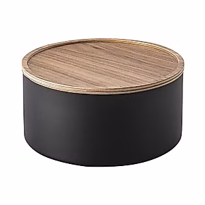 Yamazaki Home Rin Round Storage Case, Snacks, Toy, Or Craft Supplies Holder, Sewing Box Organizer, Wooden Lid Tray - Tall - Steel + Wood