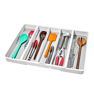madesmart Expandable Utensil Tray-White | Classic Collection | 5-Compartments | Kitchen Organizer | Soft-Grip Lining and Non-Slip Rubber Feet | Easy to Clean | BPA-Free