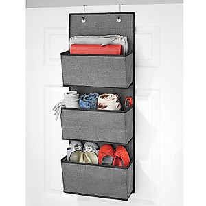 mDesign Fabric Hanging Organizers for Over The Door Storage in Bedroom/Hallway Closets, 3 Pocket Organizer Caddy, Hooks for Clothing, Accessories, Lido Collection, Textured Print, Charcoal Gray/Black