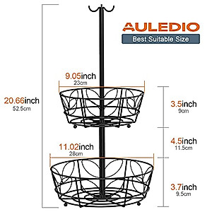 Auledio 2-Tier Countertop Fruit Vegetables Basket Bowl Storage With Triple Banana Hanger, Black