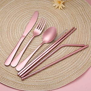Portable Stainless Steel Flatware Set, Travel Camping Cutlery Set, Portable Utensil Travel Silverware Dinnerware Set with a Waterproof Case (Pink)