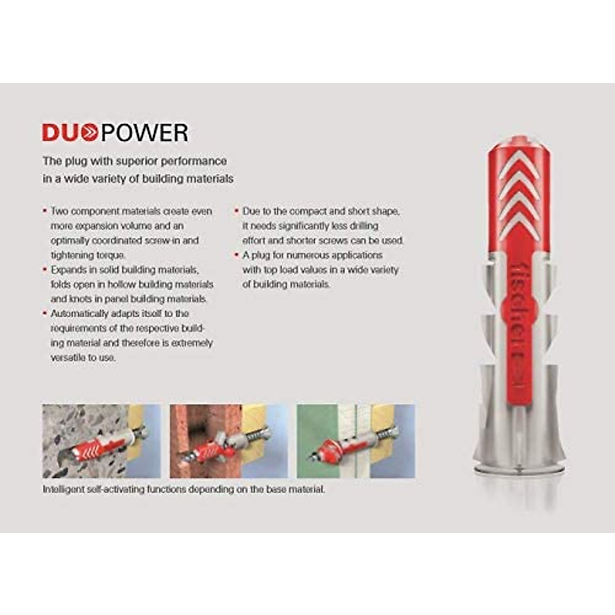 fischer DuoPower 1/4"x1-3/16", Powerful Universal Plug with Intelligent 2-Component Technology for fastenings in Concrete, Bricks, Gypsum plasterboard, chipboard, 100 Plugs Without Screws