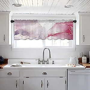 Semi Sheer Curtain Valance for Kitchen Windows Abstract Marble Agate Texture Chiffon Rod Pocket Half Window Curtains Topper for Bathroom/Living Room/Bedroom Pastel Theme Pink Purple White Gold