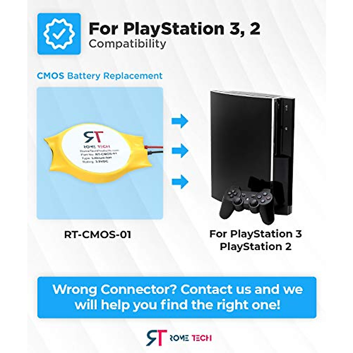 Rome Tech Replacement CMOS Battery for Sony Playstation 2/3 - PS2 PS3 Backup RTC BIOS Battery - 2 Wire Cable (1-Pack)