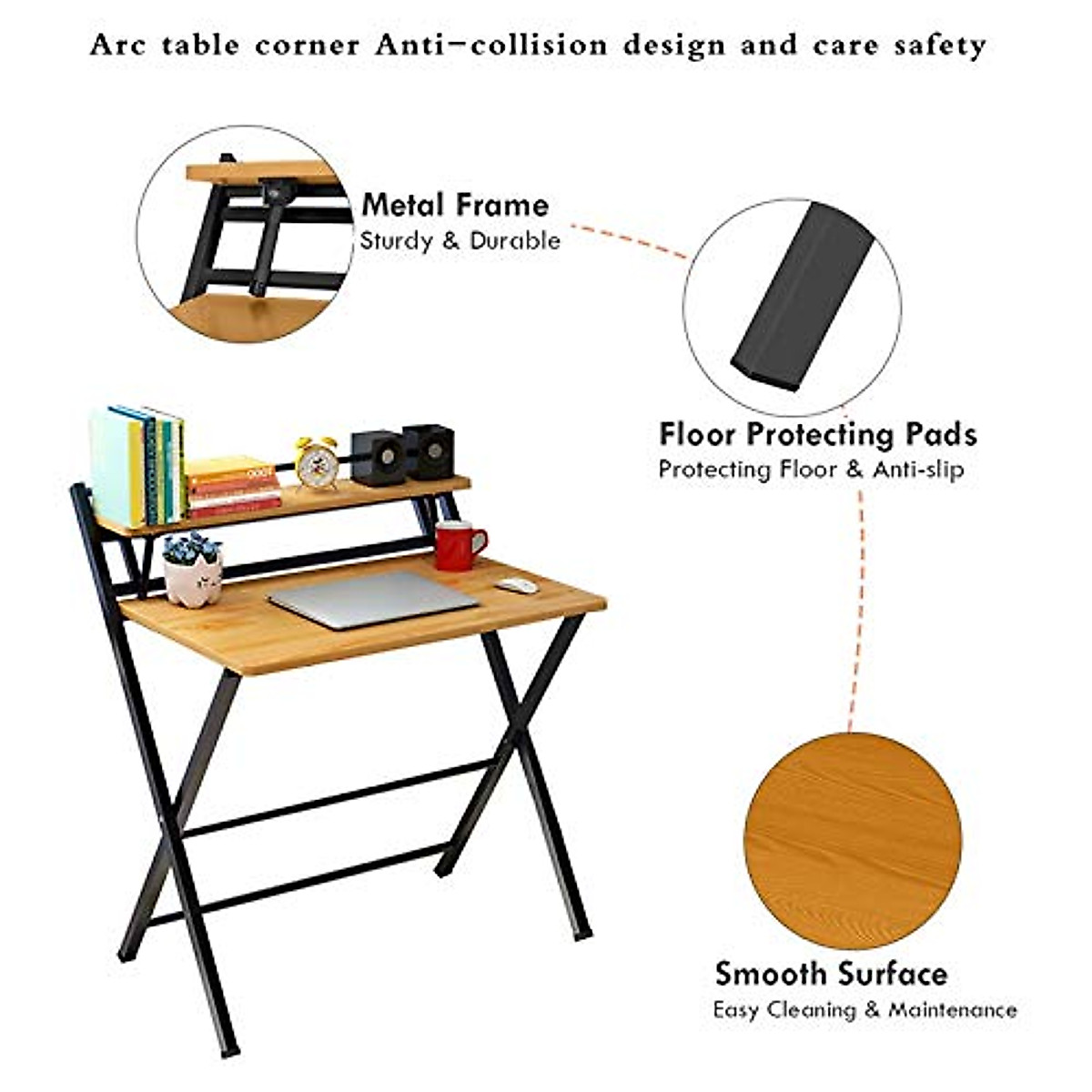 【US Stock】 Folding Study Computer Desk - Writing Desk Portable Lazy Foldable Table Laptop Desk Simple Computer Desk with Shelf for Small Space,Free Installation Home Office Desk (Khaki)