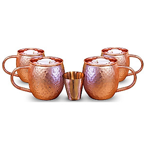 Willow & Everett Set of 4 Moscow Mule Copper Mugs with Copper Shot Glass - 4 16oz Copper Moscow Mule Mugs - Solid Copper Hammered Mug - Copper Cups for Moscow Mules