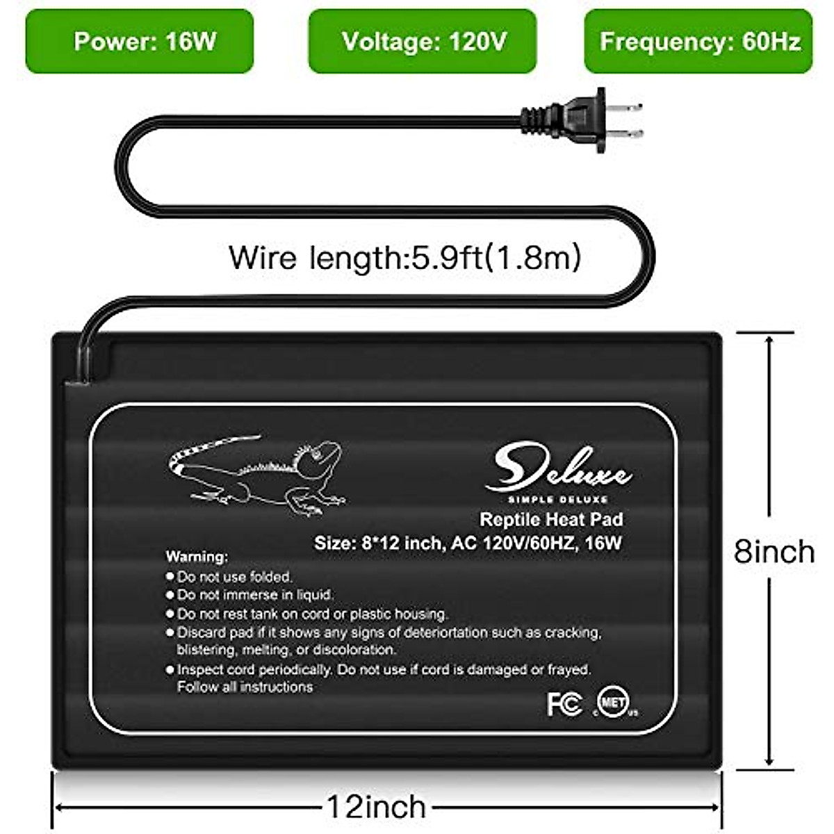 Simple Deluxe 8 X 12 Inch 16W Reptile Heating Pad with 2-Probe Digital Thermometer and Hygrometer Under Tank Heater Terrarium Warmer Heat Mat for Amphibians and Reptiles Pet, Black