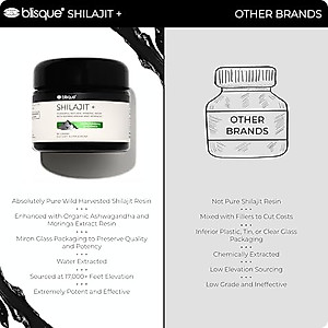 Blisque - Pure Himalayan Organic Shilajit Resin Supplement | with Organic Ashwagandha and Moringa | Authentic and Natural | Golden Grade A | Contains Fulvic Acid and Trace Minerals | 60 Grams