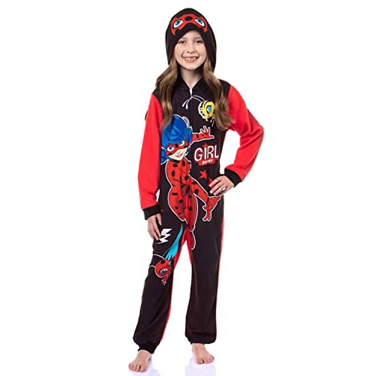 Komar Kids Miraculous Ladybug Girls Girl Power Full Zip Blanket Sleeper Hooded Pajama, 4 Black