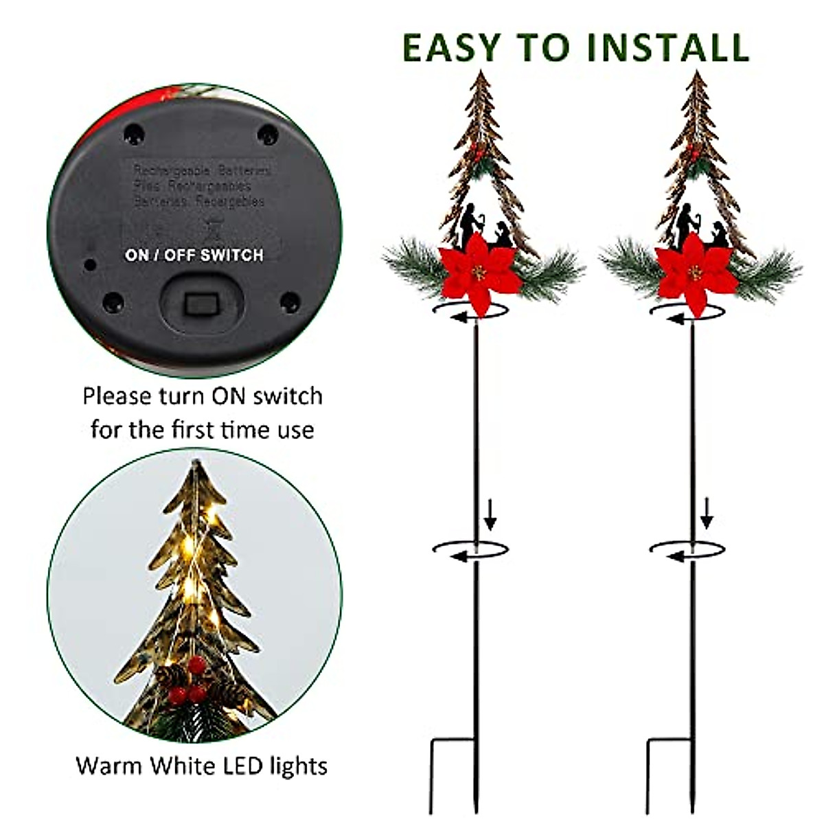 FORUP Christmas Pathway Lights, Outdoor LED Solar Powered Xmas Trees Pathway Lights, Metal Garden Stake Lights, Poinsettia Solar Christmas Yard Decorations, Set of 2