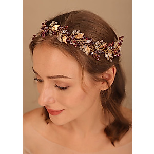 Denifery Red Hair Vine Crystal Wedding Headband - Fall Boho Bridal Hair Piece with Gold Leaf for Women and Girls