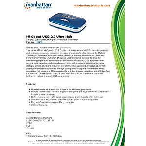 Manhattan 7-Port USB 2.0 Ultra Hub, Plug and Play C Windows and Mac Compatible (161039)