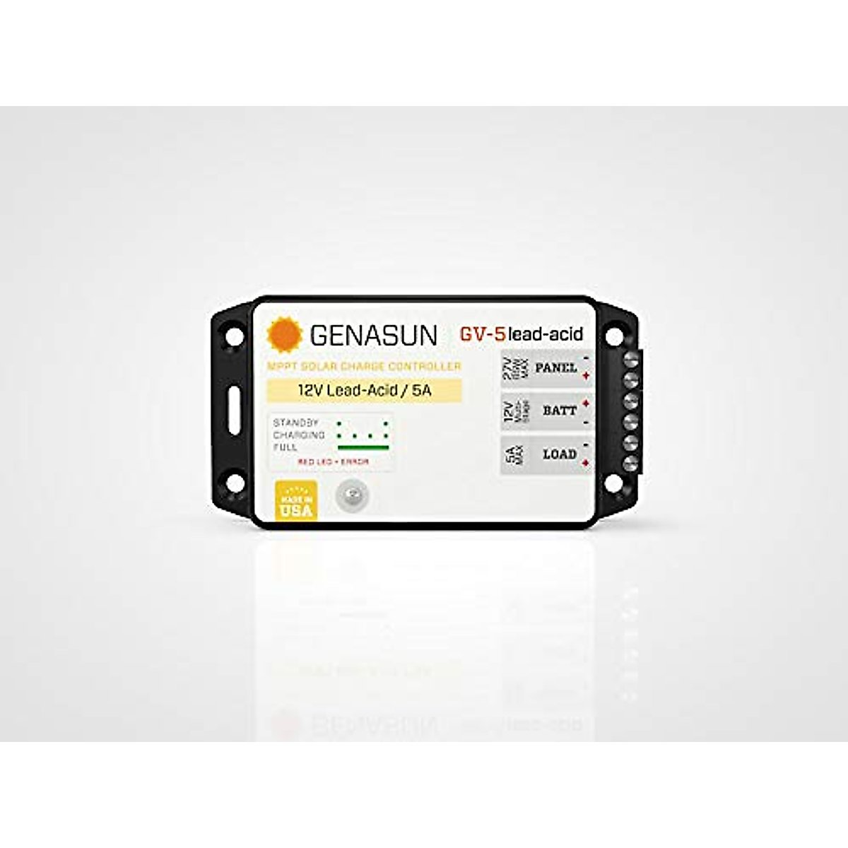 Genasun GV-5-Pb-12V, 5 A MPPT Solar Charge Controller for 12 V Lead-Acid Batteries and 5 A Load Output with Low Voltage Disconnect (LVD)