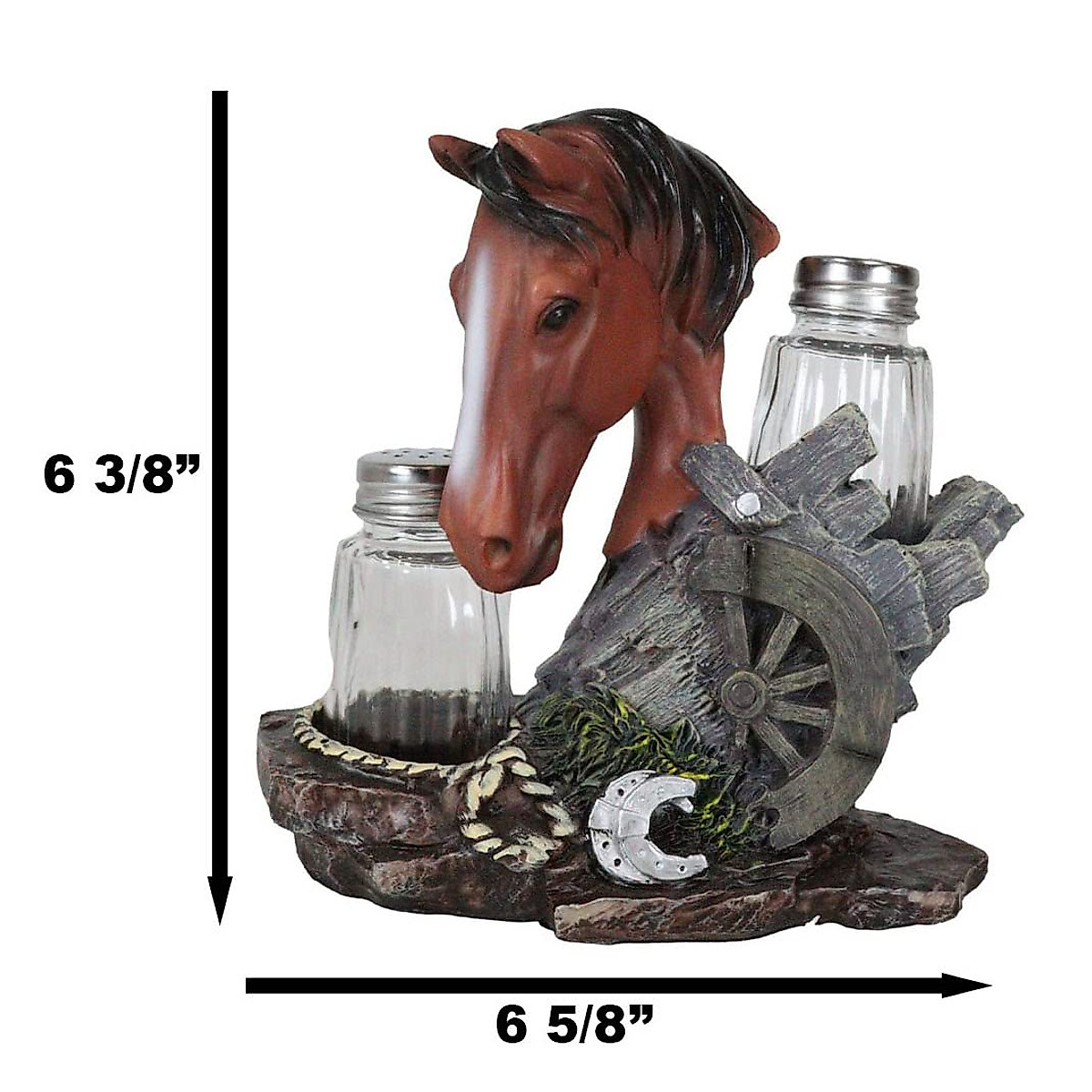 Ebros Country Western Chestnut Brown Stallion Horse By Farm Wagon Wheel Lasso Horseshoes Salt And Pepper Shakers Holder Figurine Set 6.25"High Old Fashioned Rustic Decor Statue (Chestnut Brown)