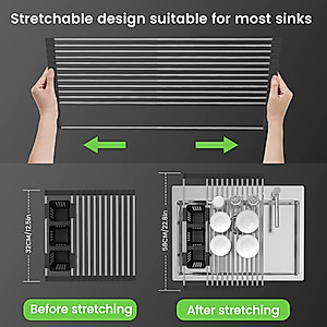BBXTYLY Black Expandable Roll Up Dish Drying Rack Up to 22.8''with 2 Storage Baskets,Over The Sink Rolling up Dish Drainer, Foldable,Rollable,for Kitchen Dishes,Cups